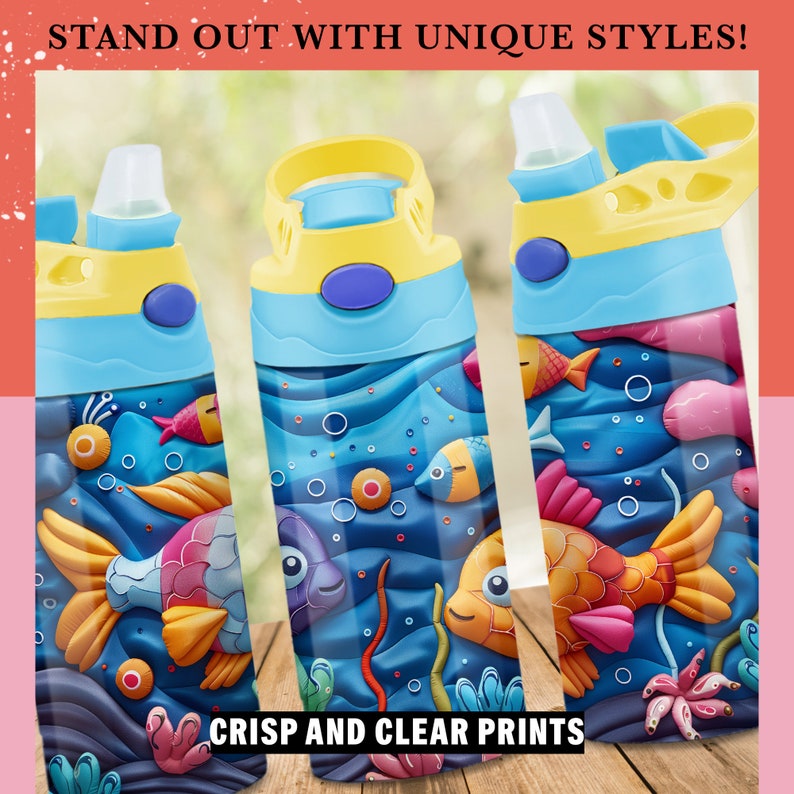 3D Fish 12oz Kids Flip Top Sippy Cup Tumbler Wrap 12oz Straight Tumbler ...