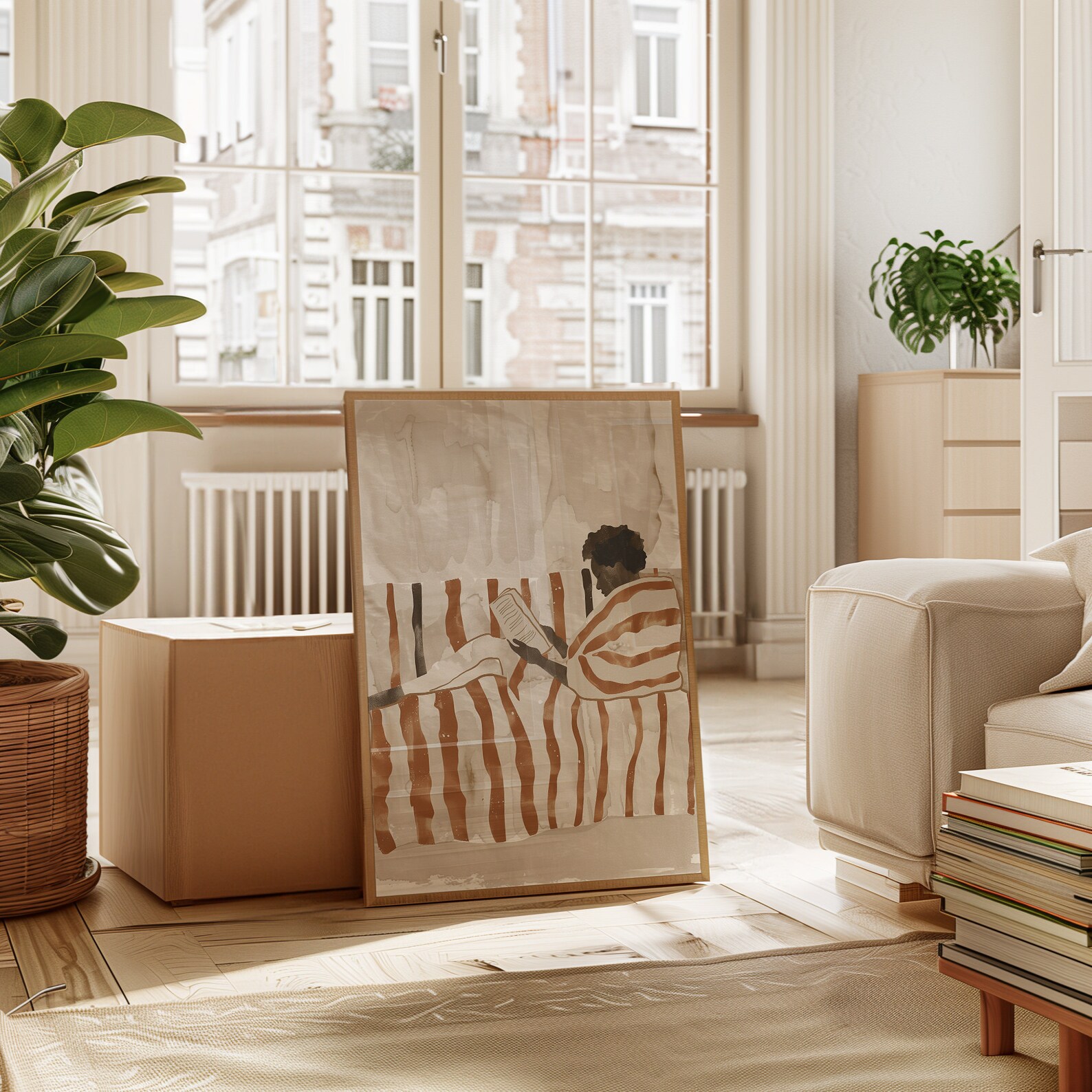 Abstract Female Art Neutral Figurative Wall Art Afro Girl Reading ...