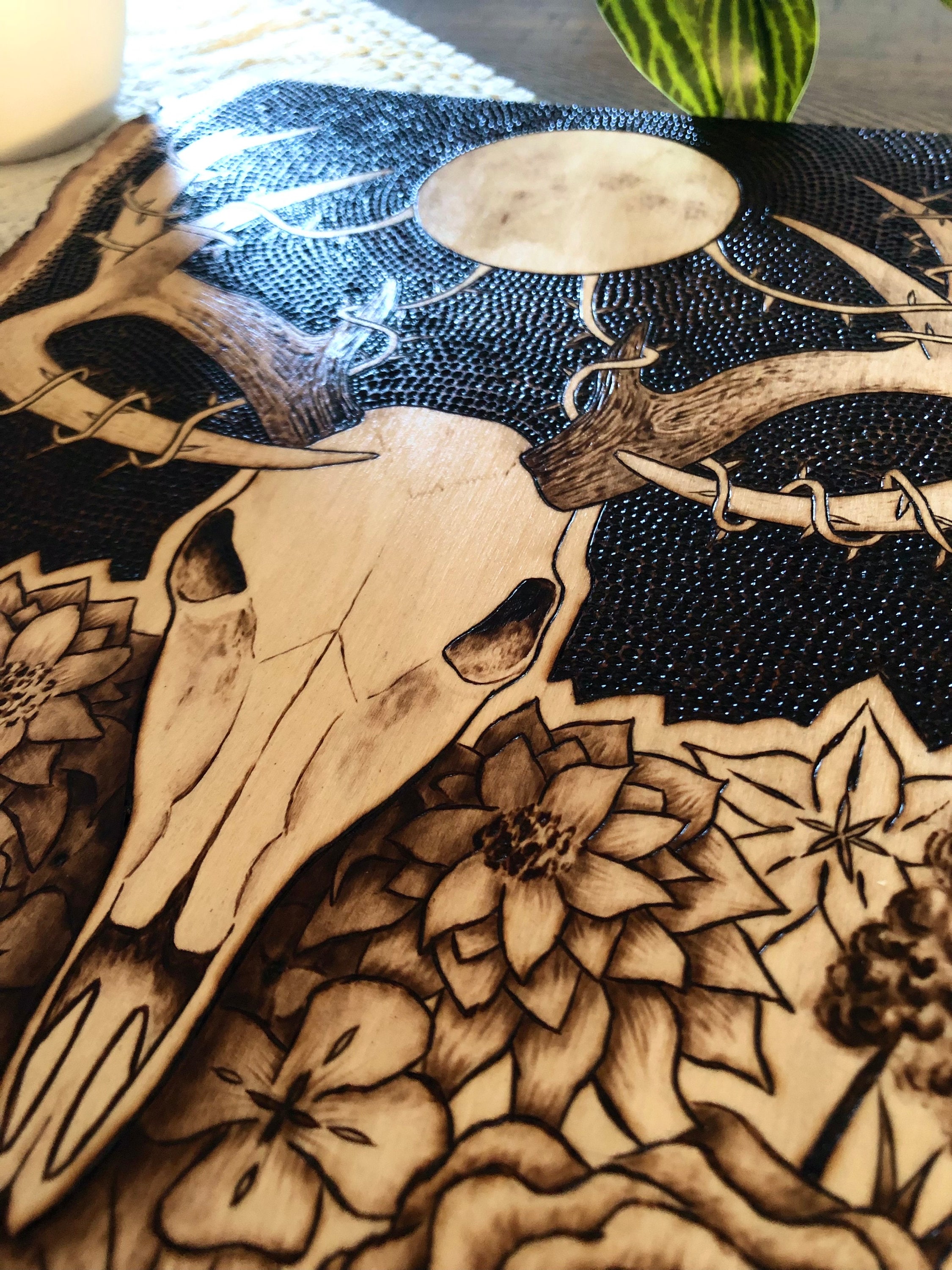 Handmade Wood Burned Art, Pyrography on Basswood, Deer Skull With ...