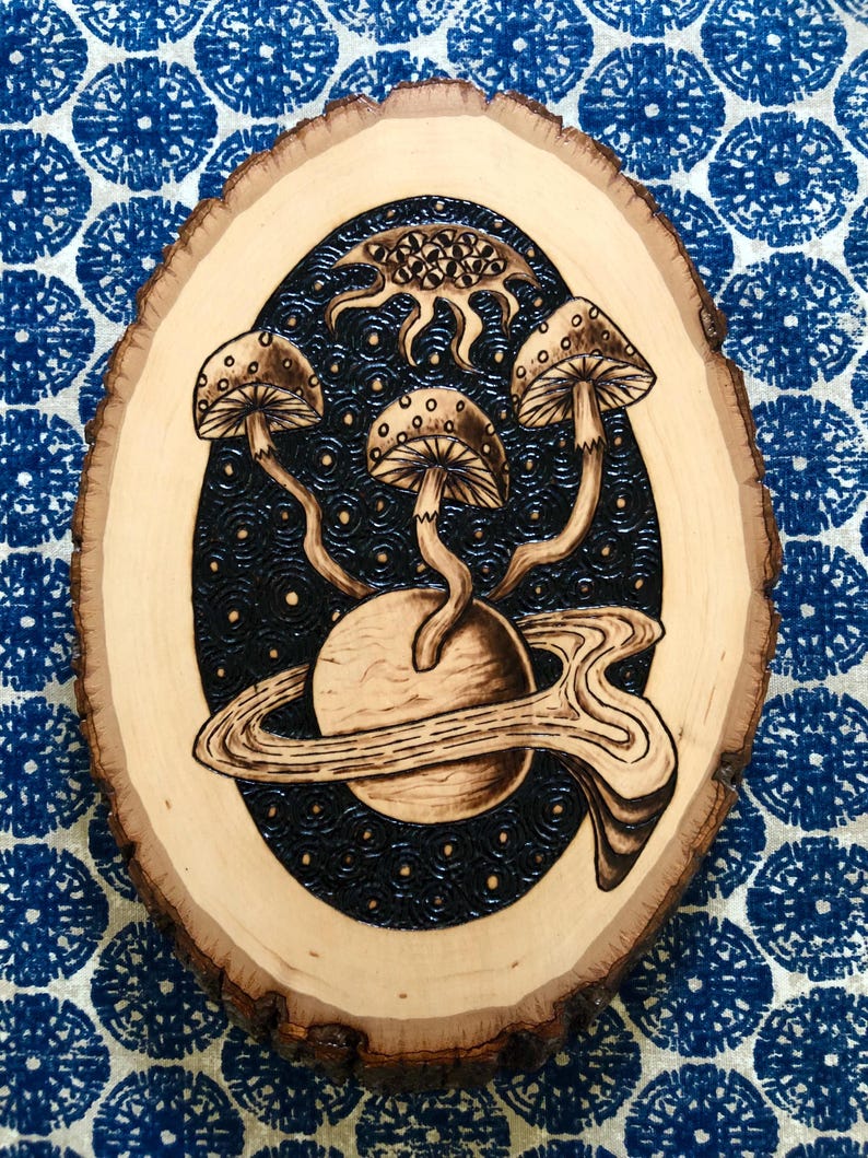 Handmade Wood Burned Art, Pyrography on Basswood, Outer Space Mushoom ...