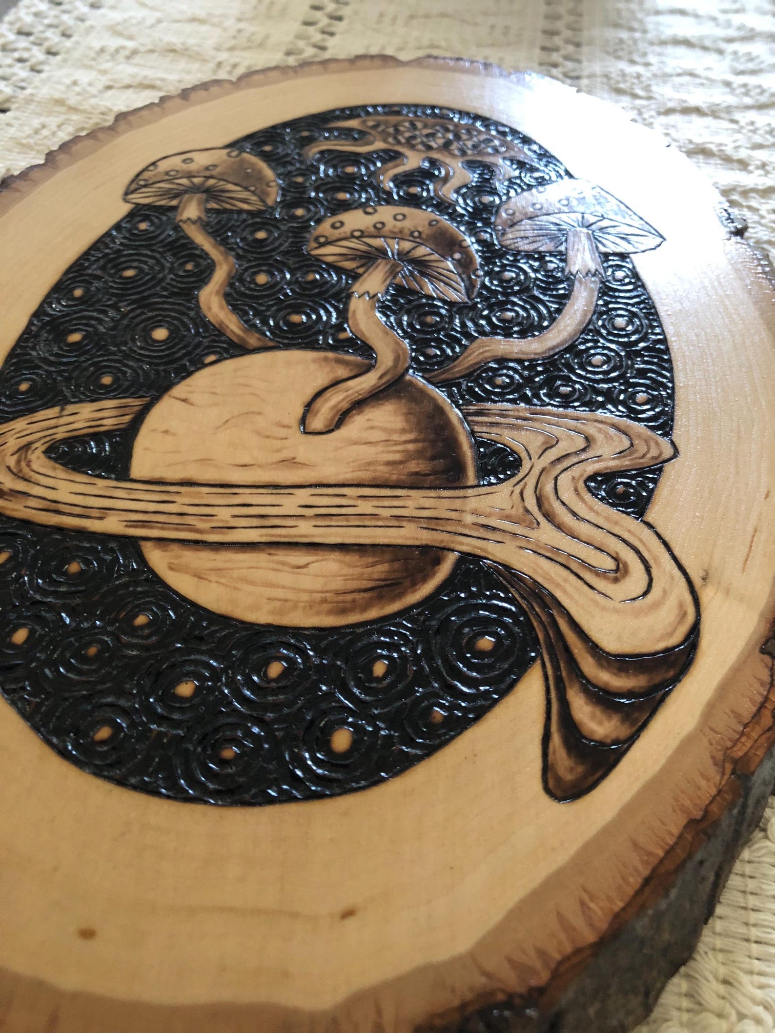Handmade Wood Burned Art, Pyrography on Basswood, Outer Space Mushoom ...