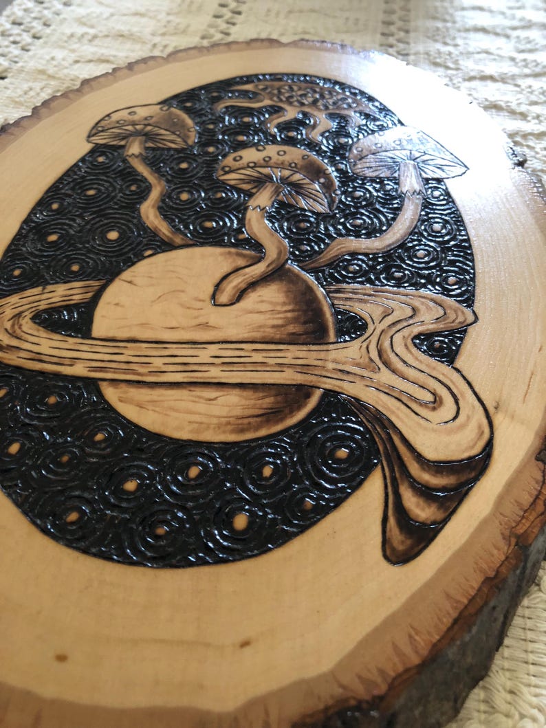 Handmade Wood Burned Art, Pyrography on Basswood, Outer Space Mushoom ...