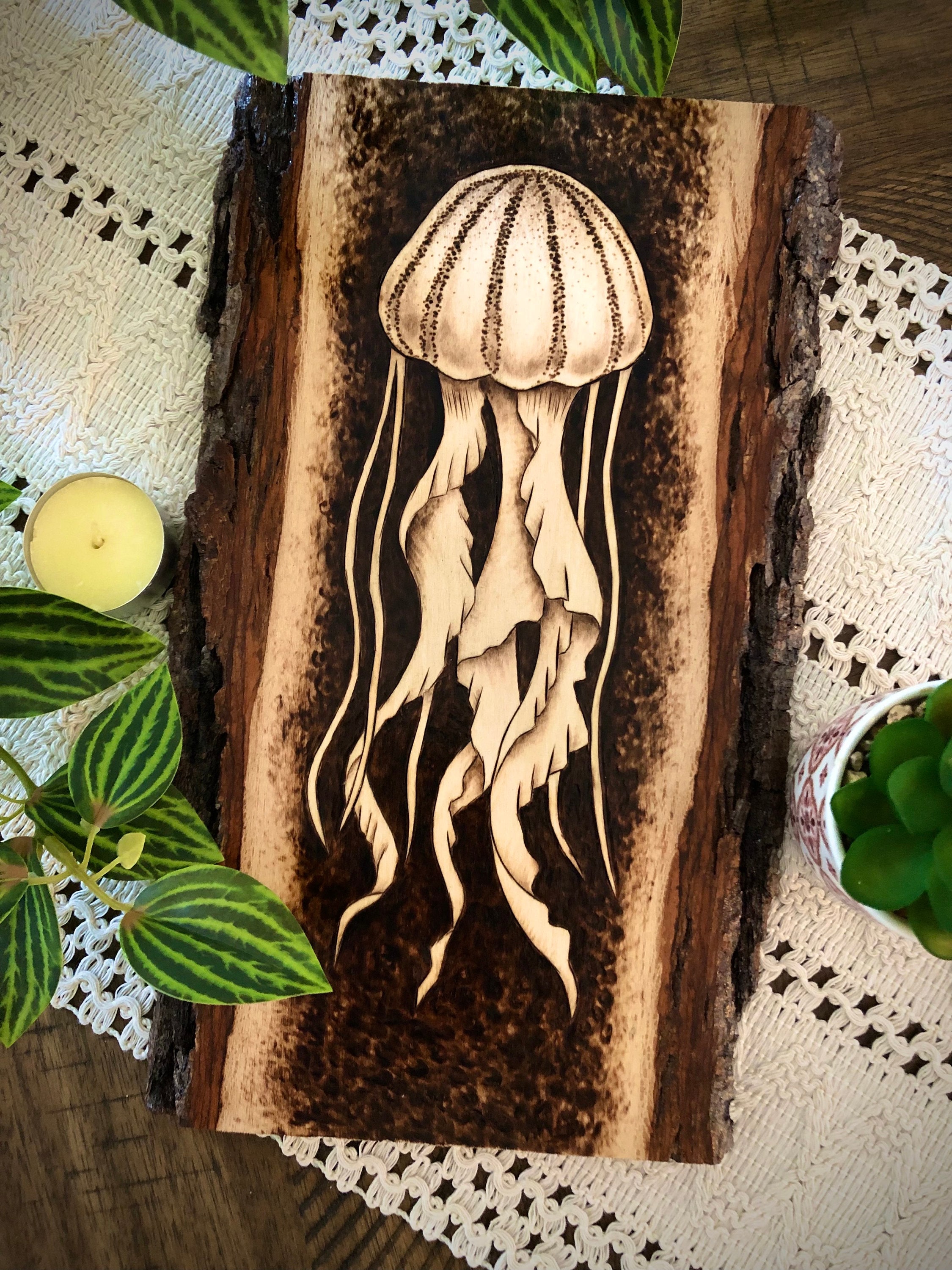 Handmade Wood Burned Art, Pyrography on Basswood, Jellyfish in the Sea ...