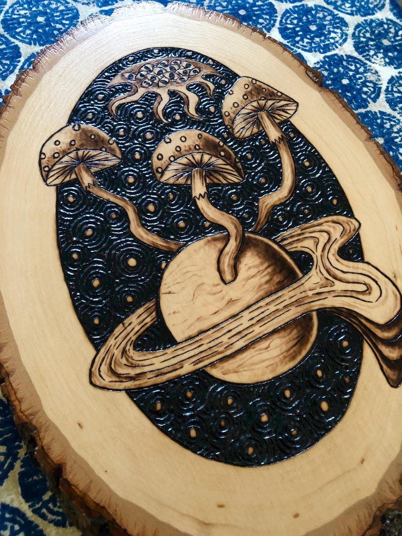 Handmade Wood Burned Art, Pyrography on Basswood, Outer Space Mushoom ...