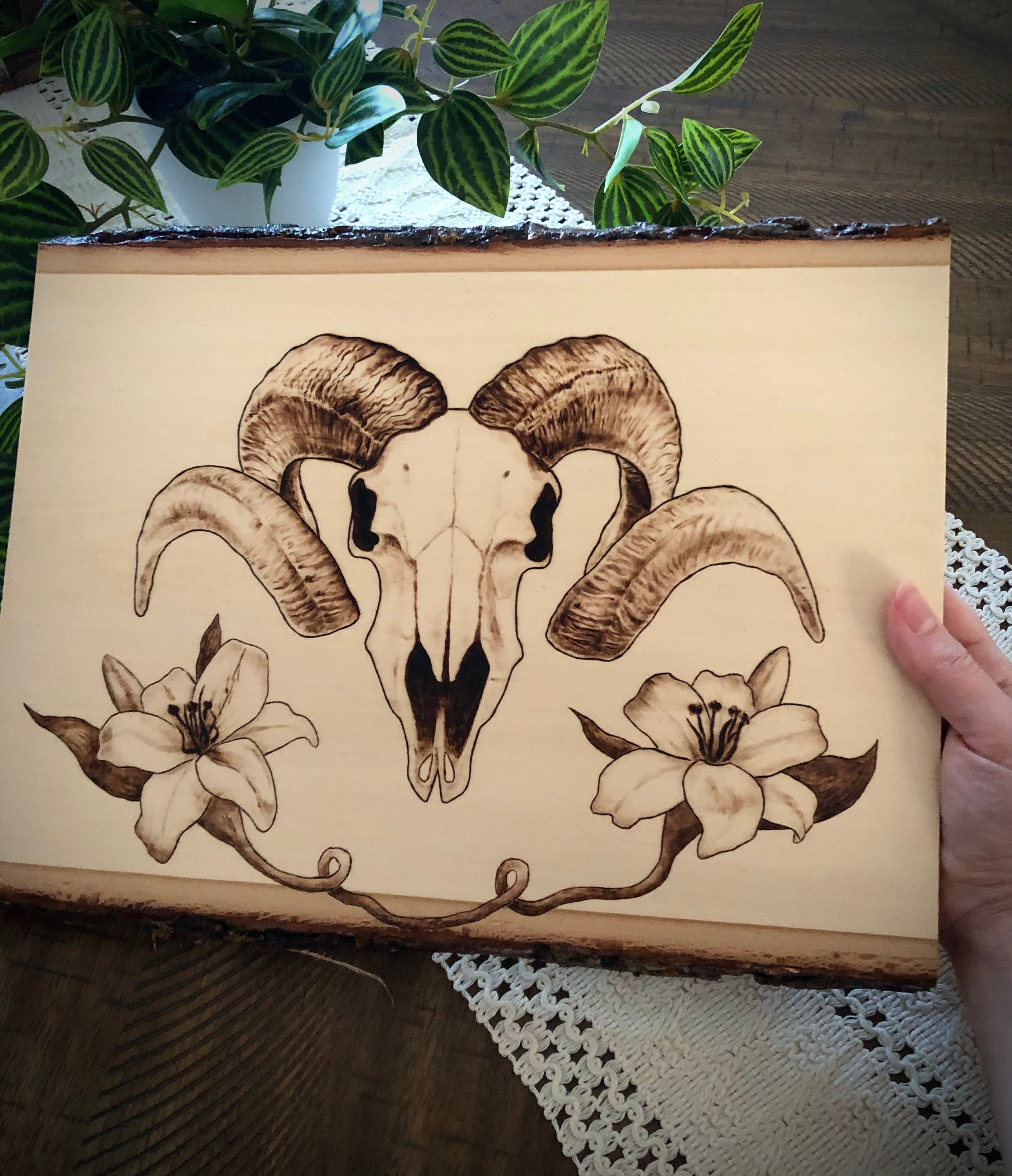 Handmade Wood Burned Art, Pyrography on Basswood, Ram Skull and Lilies ...