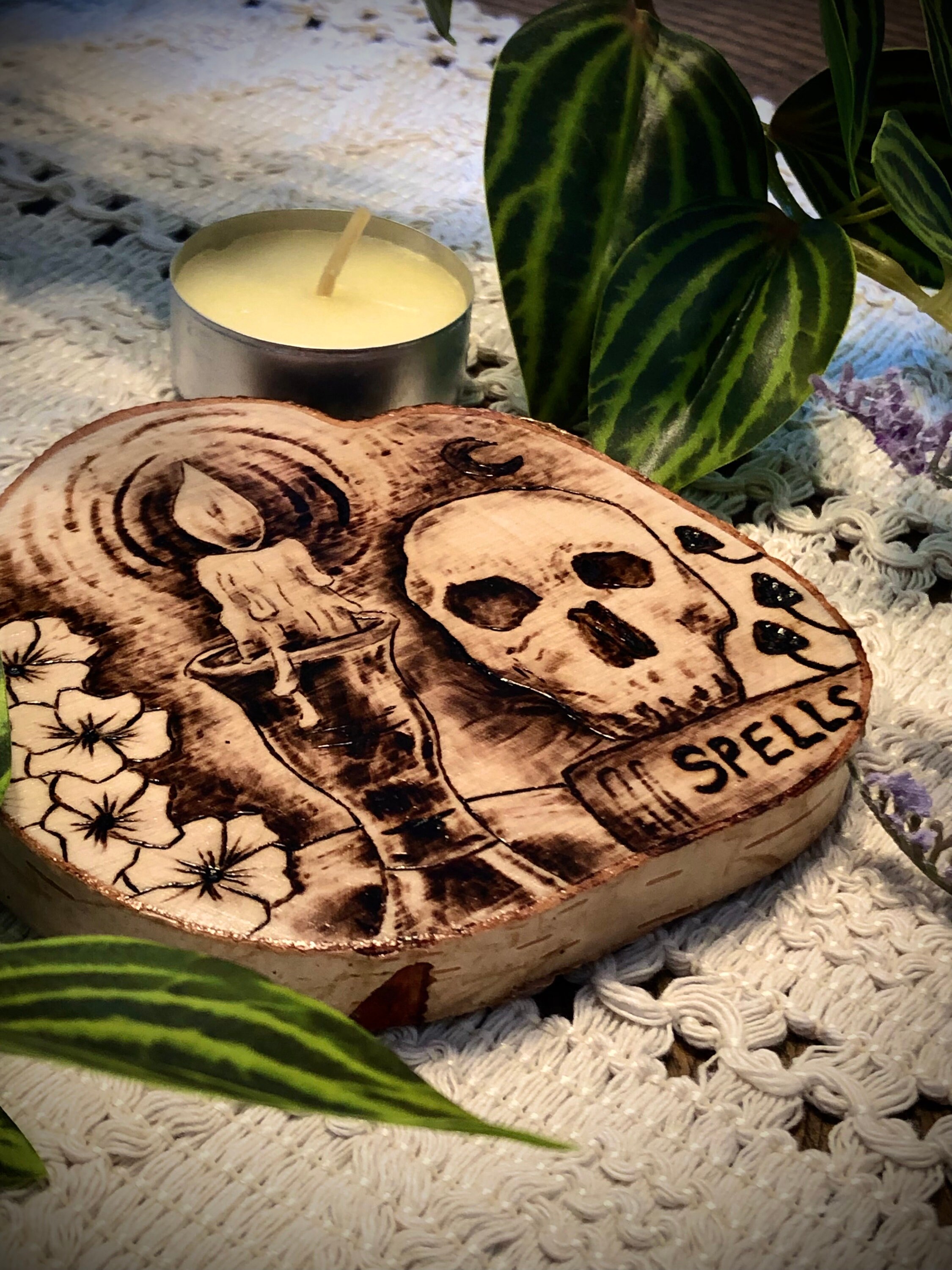 Handmade Wood Burned Art, Pyrography on Birch Wood, Skull Candle ...