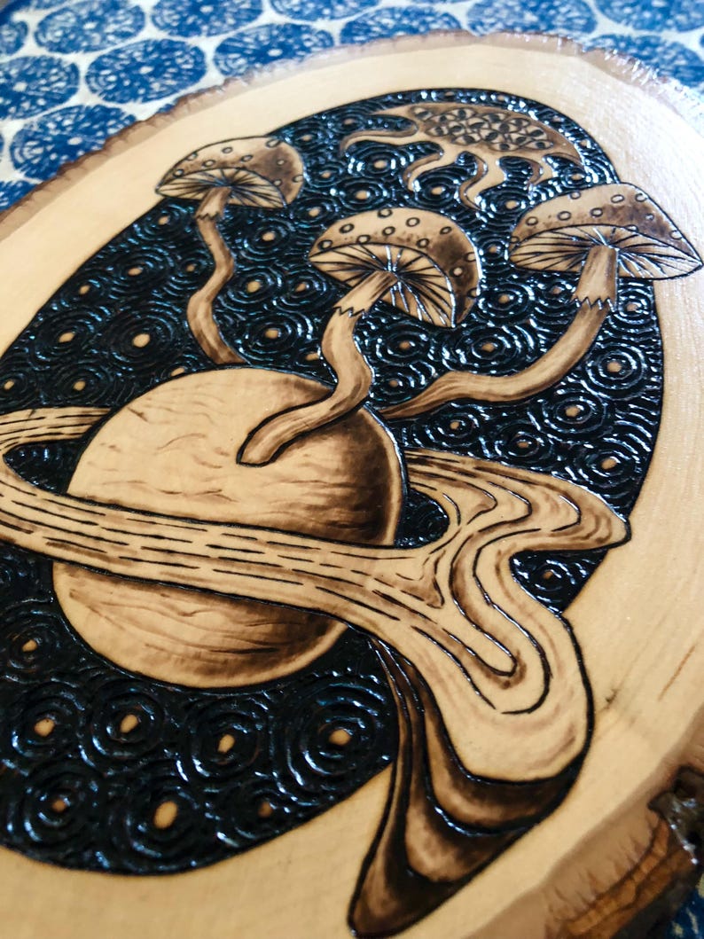 Handmade Wood Burned Art, Pyrography on Basswood, Outer Space Mushoom ...