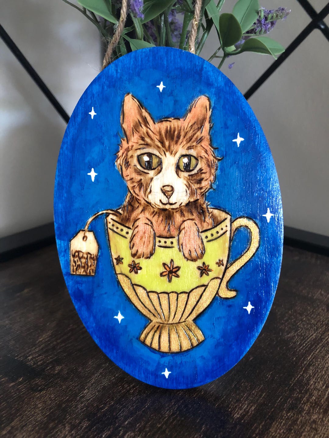 Handmade Wood Burned Art, Pyrography and Painting, Cat Inside a Teacup ...