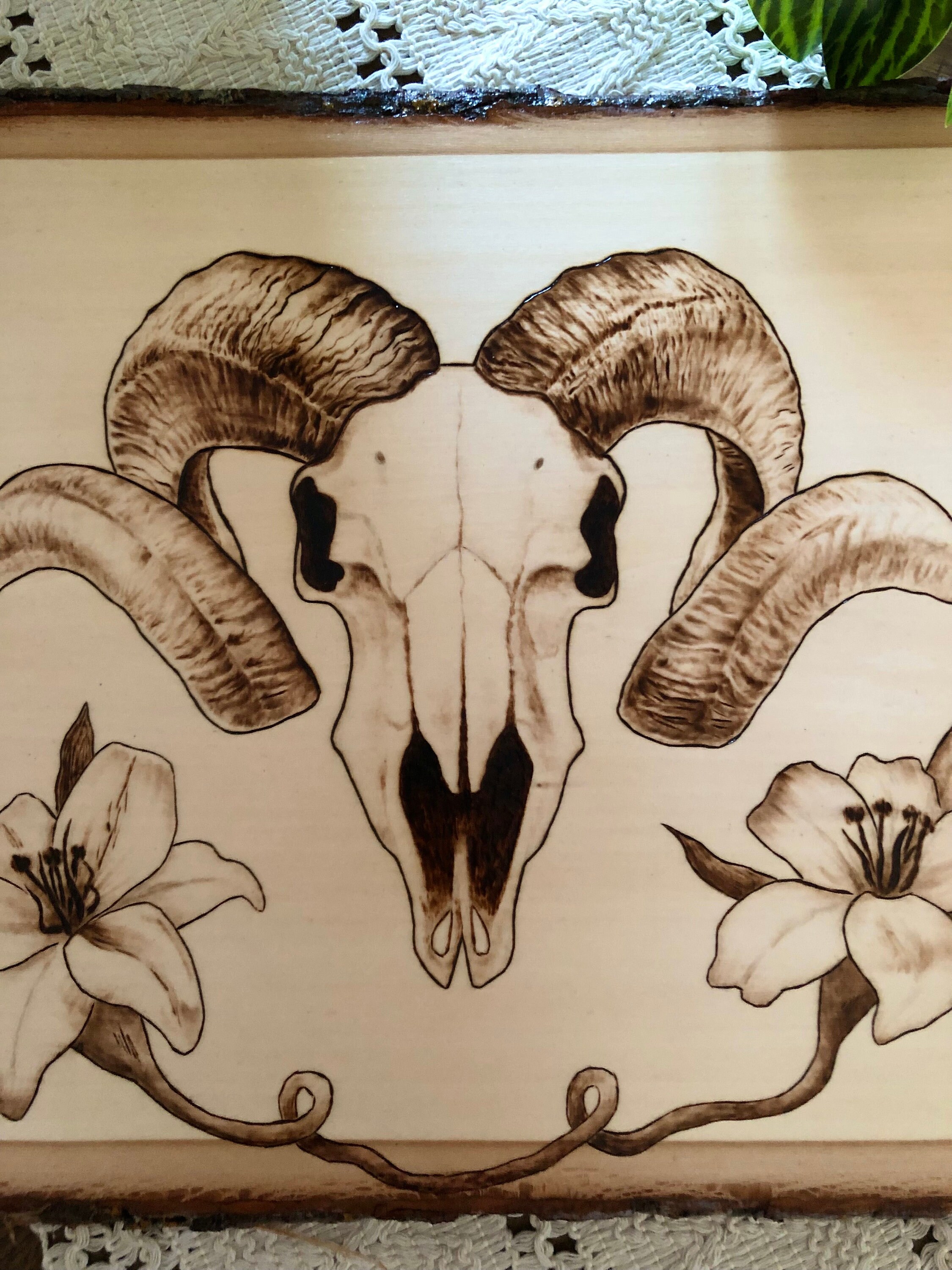 Handmade Wood Burned Art, Pyrography on Basswood, Ram Skull and Lilies ...