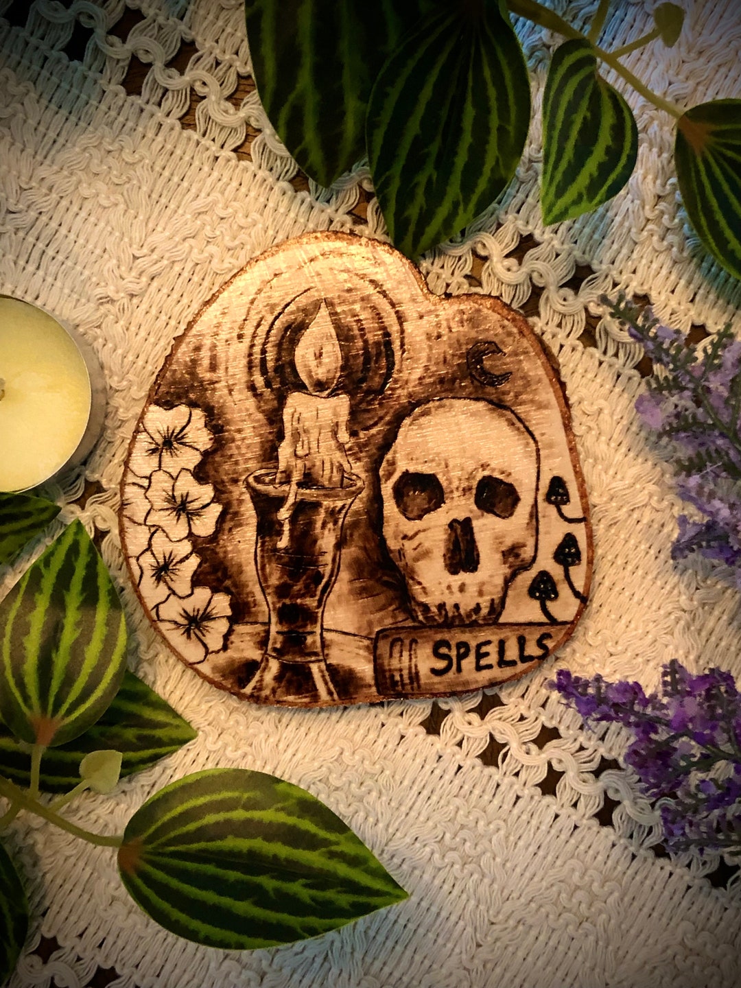 Handmade Wood Burned Art, Pyrography on Birch Wood, Skull Candle ...