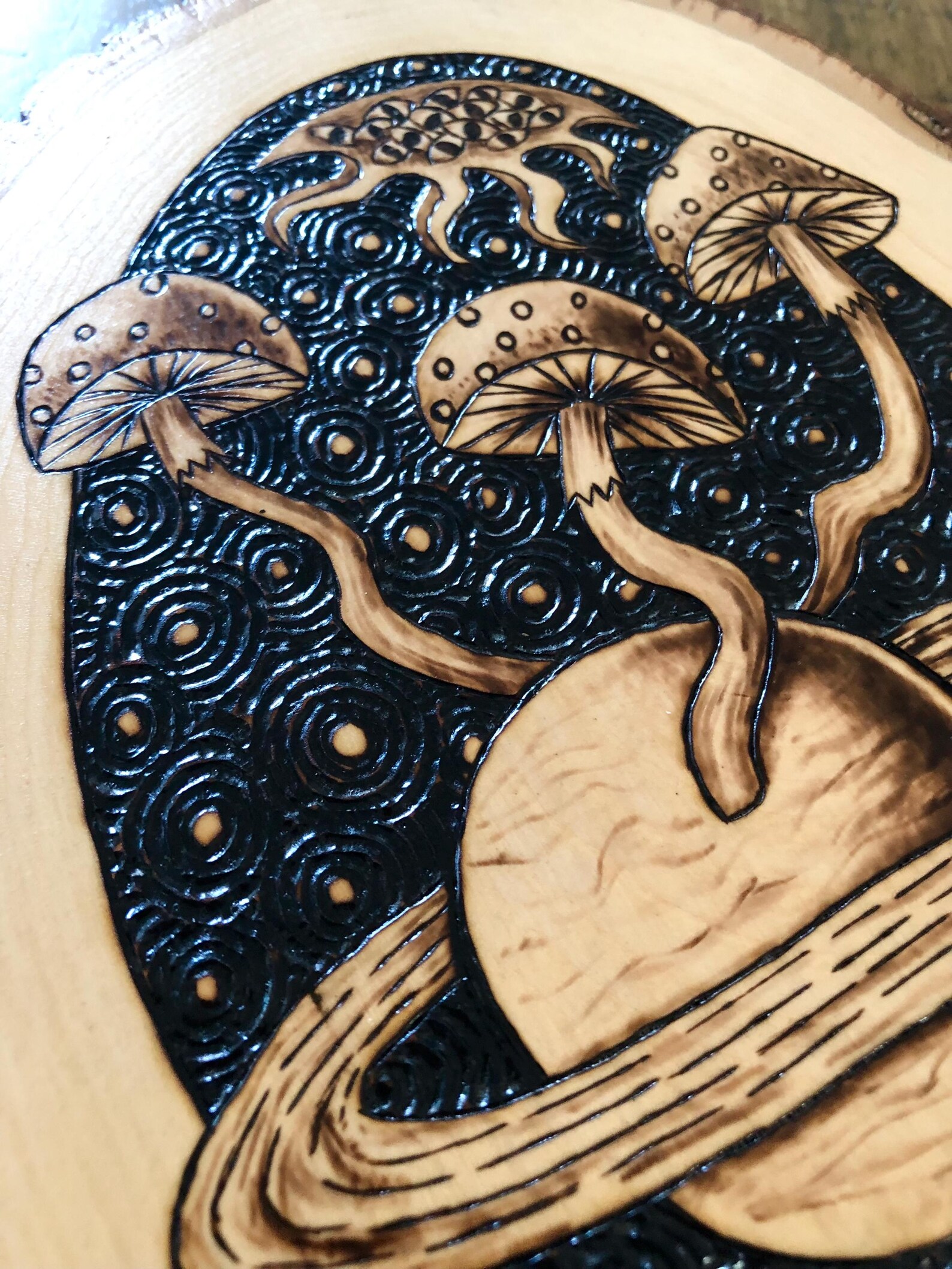 Handmade Wood Burned Art, Pyrography on Basswood, Outer Space Mushoom ...