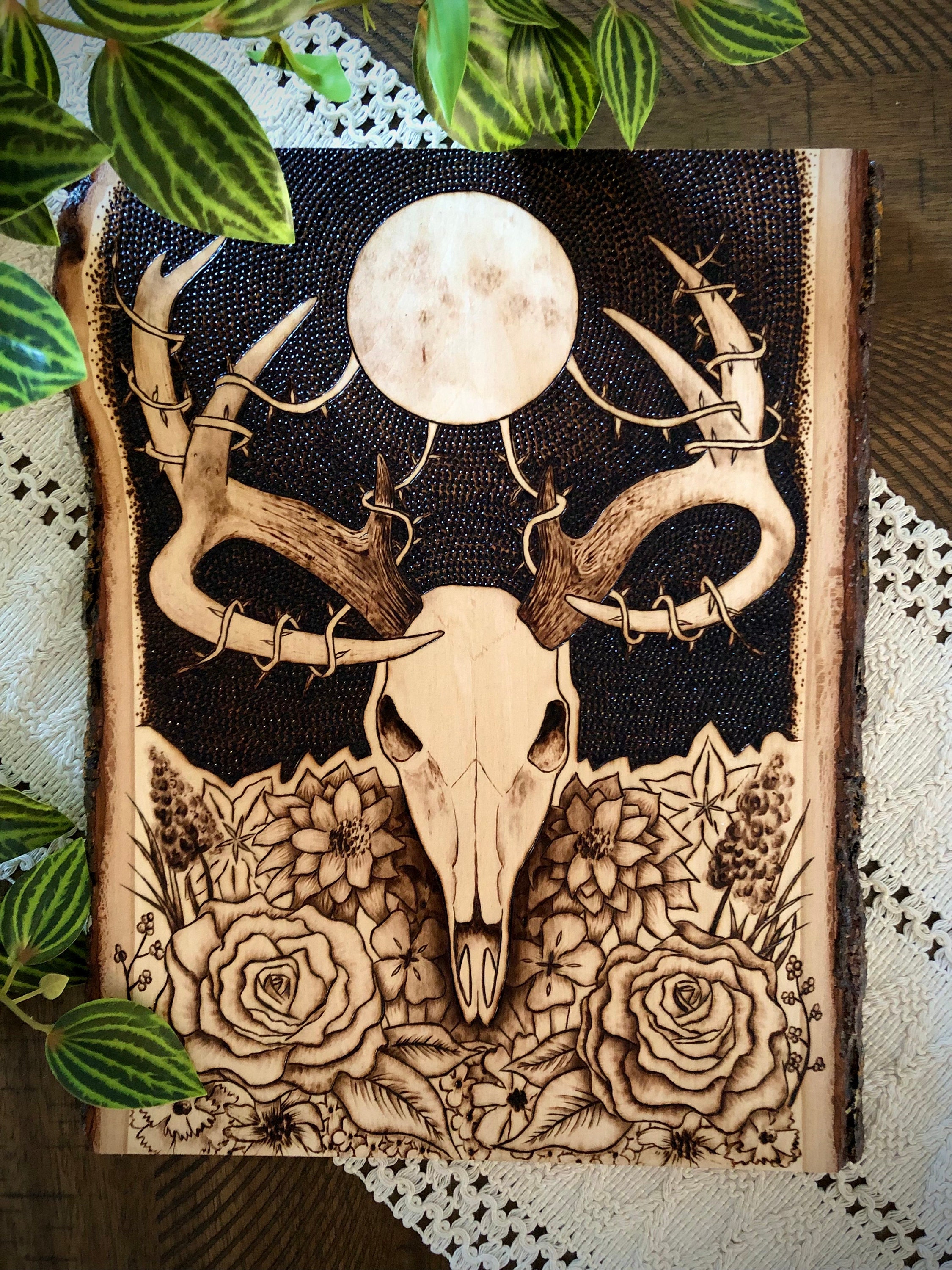 Handmade Wood Burned Art, Pyrography on Basswood, Deer Skull With ...