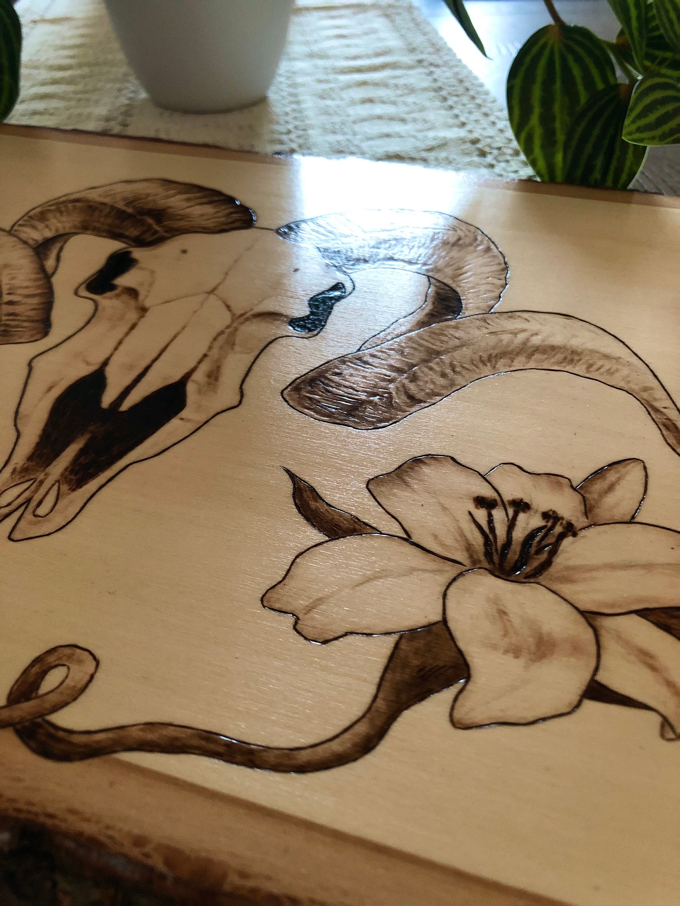 Handmade Wood Burned Art, Pyrography on Basswood, Ram Skull and Lilies ...