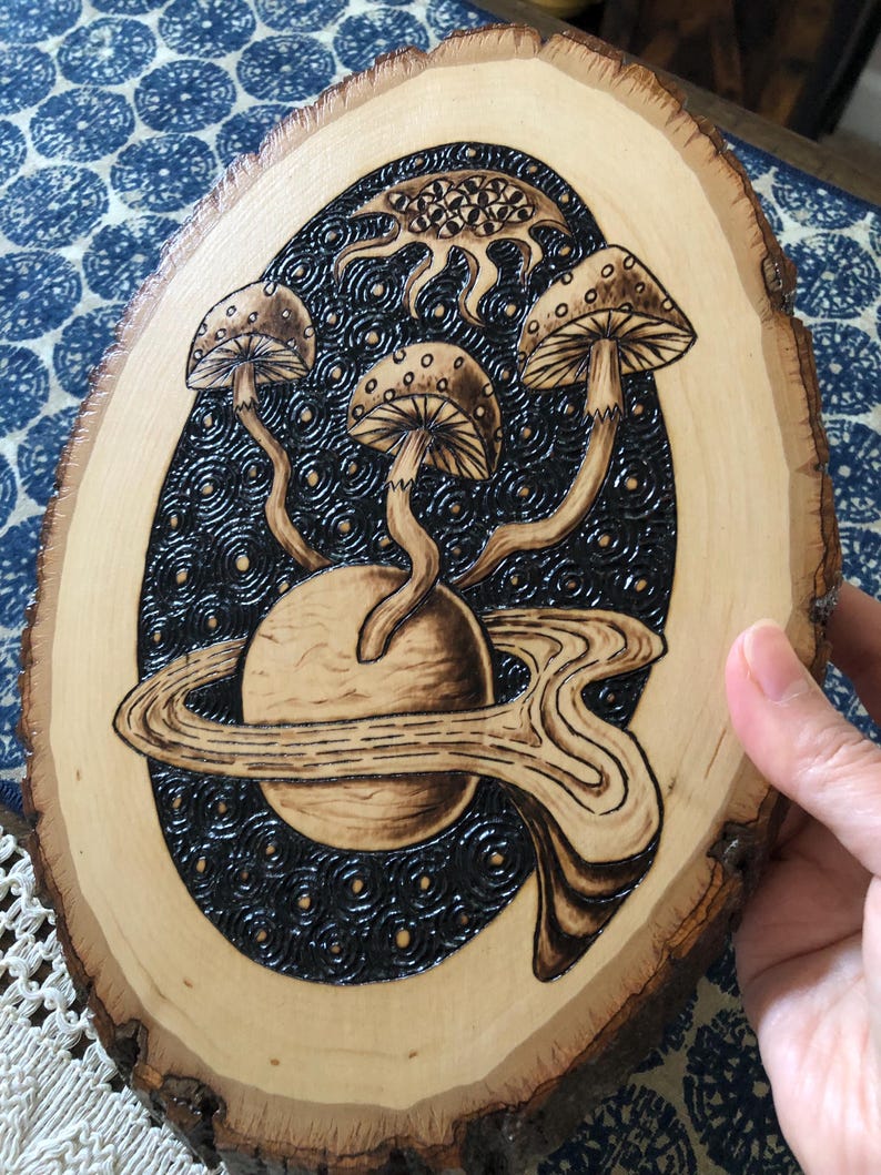 Handmade Wood Burned Art, Pyrography on Basswood, Outer Space Mushoom ...