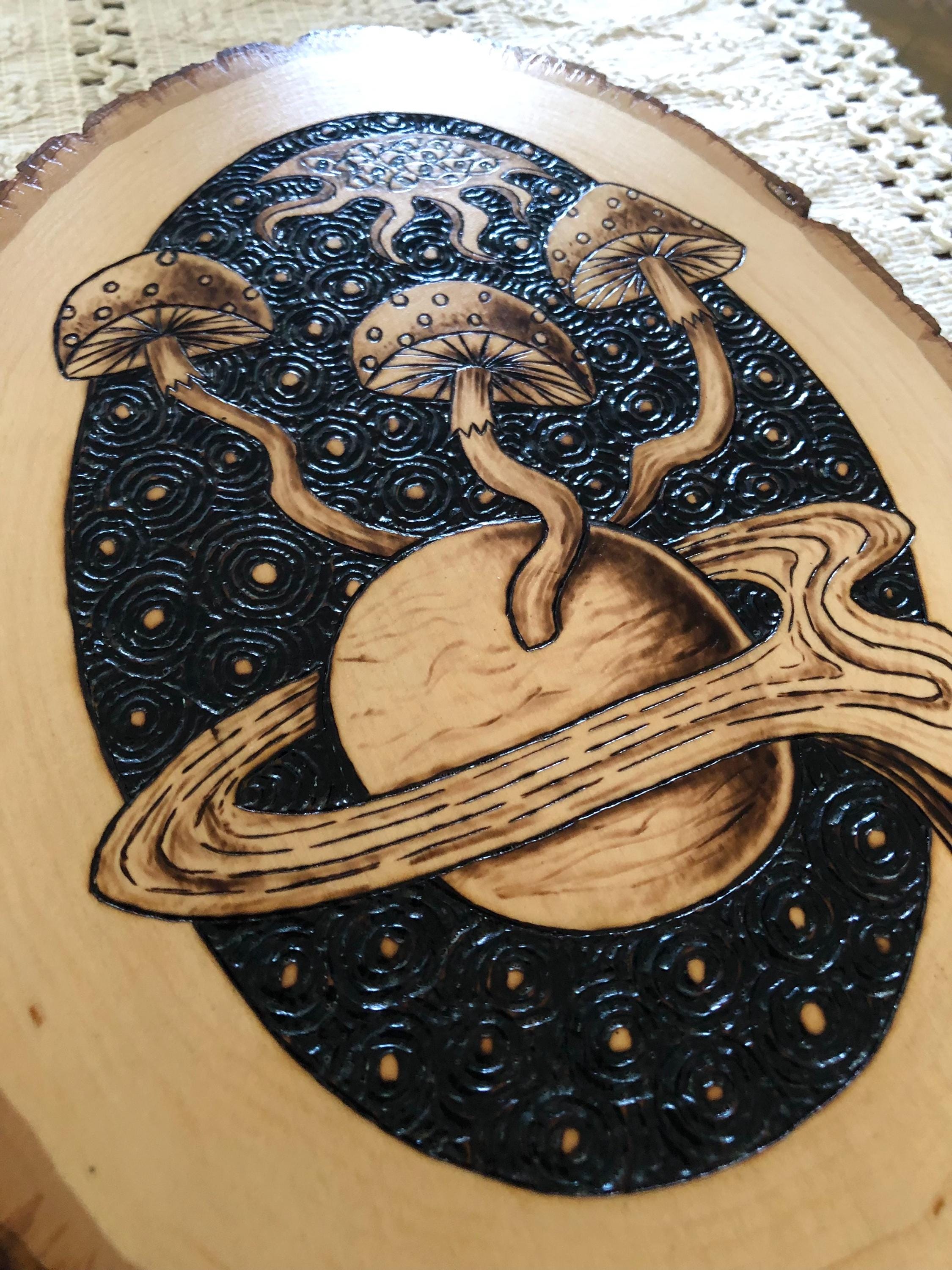 Handmade Wood Burned Art, Pyrography on Basswood, Outer Space Mushoom ...