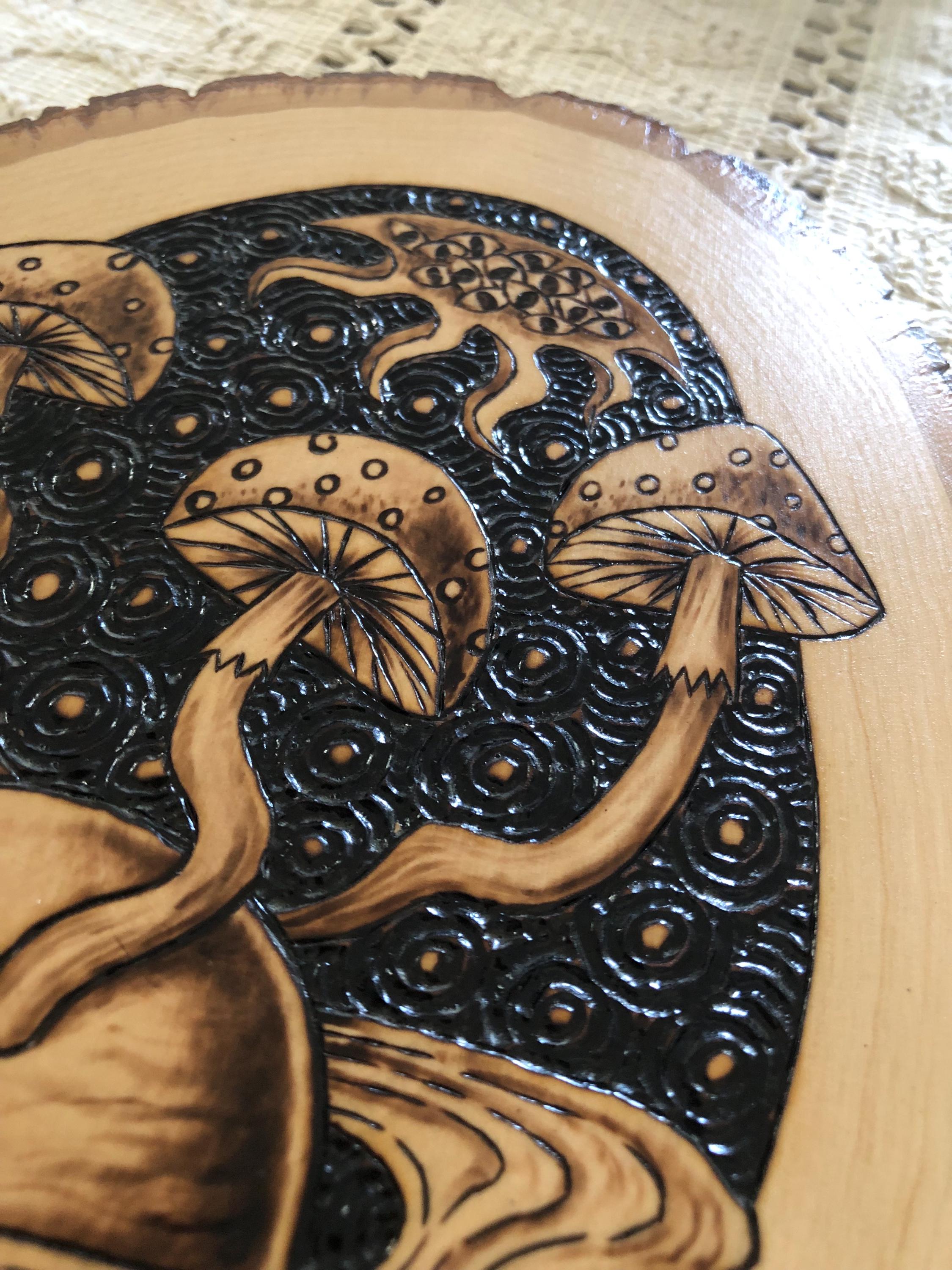 Handmade Wood Burned Art, Pyrography on Basswood, Outer Space Mushoom ...