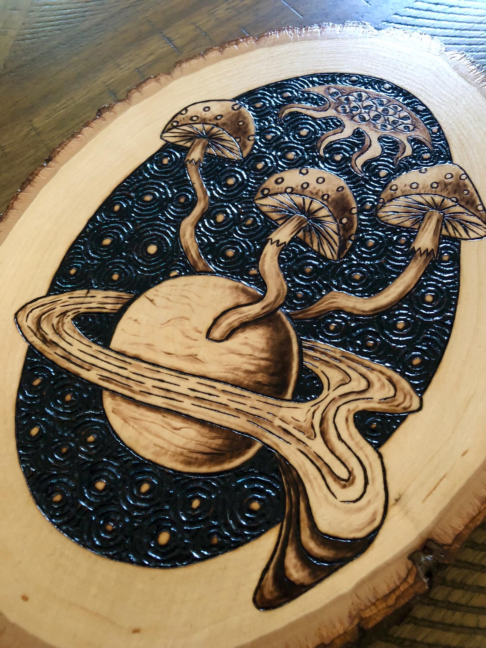 Handmade Wood Burned Art, Pyrography on Basswood, Outer Space Mushoom ...