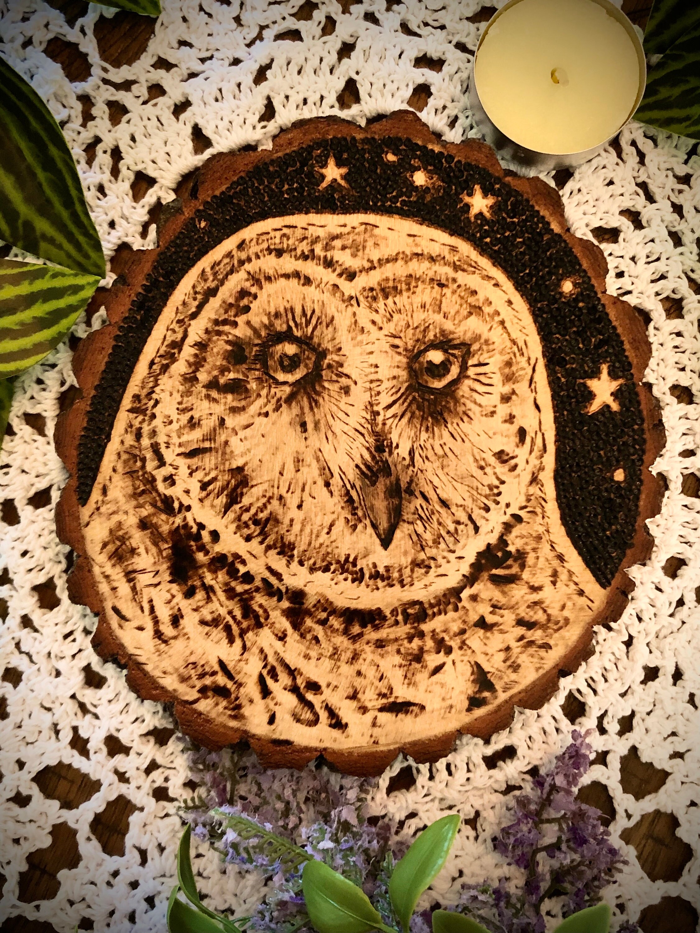 Handmade Wood Burned Art, Pyrography on Sourwood, Starry Night Owl ...