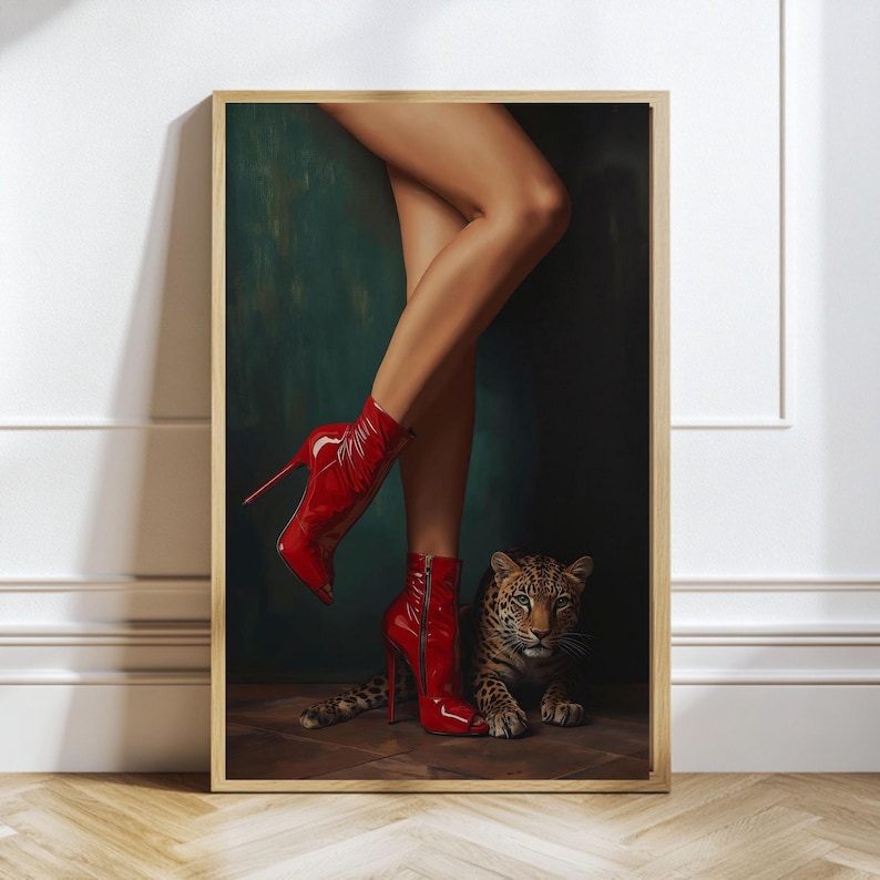 Leather Red Stiletto Boots Leopard Wall Art Print, Trendy Red Boots ...