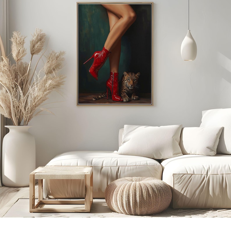 Leather Red Stiletto Boots Leopard Wall Art Print, Trendy Red Boots ...
