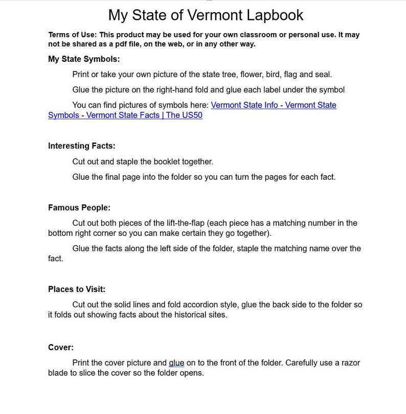 State of Vermont Lapbook - Etsy