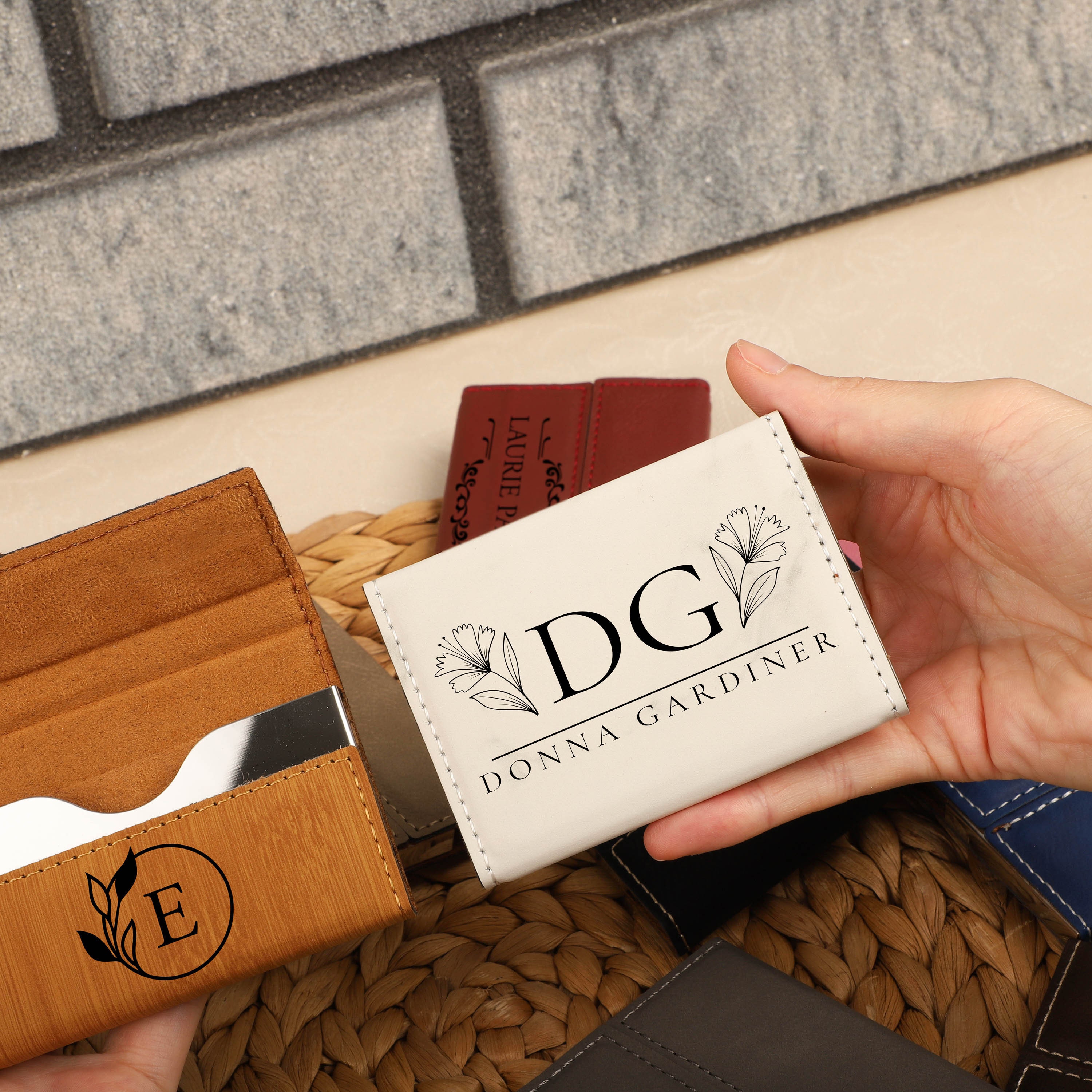 Monogrammed leather business card case store