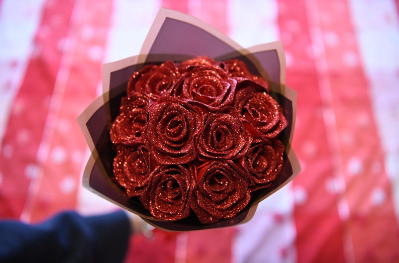 Glitter Eternal Rose Bouquet, Ribbon Rose Bouquet, Handmade Fake Flower Bouquet, Rose Bouquet ...