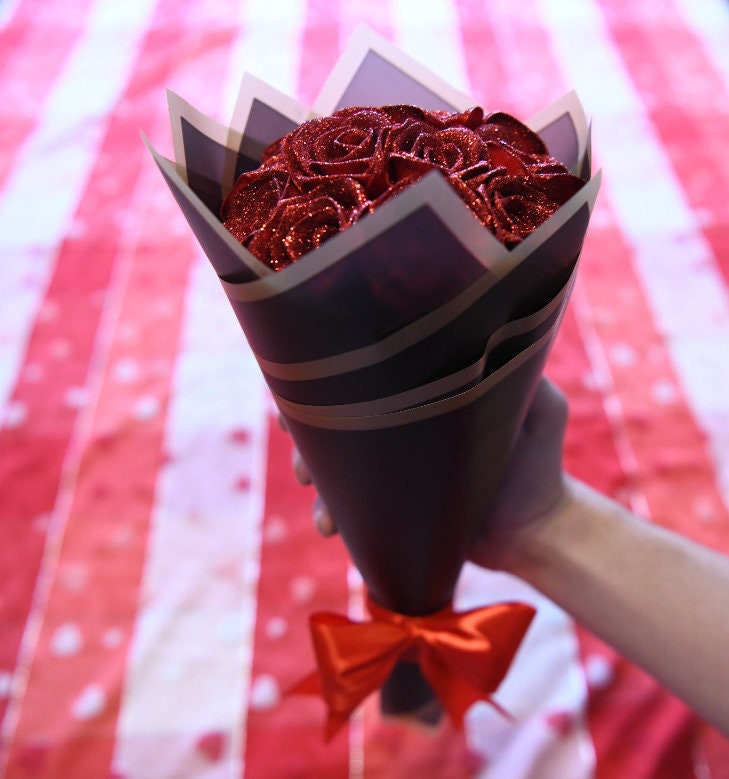 Glitter Eternal Rose Bouquet, Ribbon Rose Bouquet, Handmade Fake Flower ...