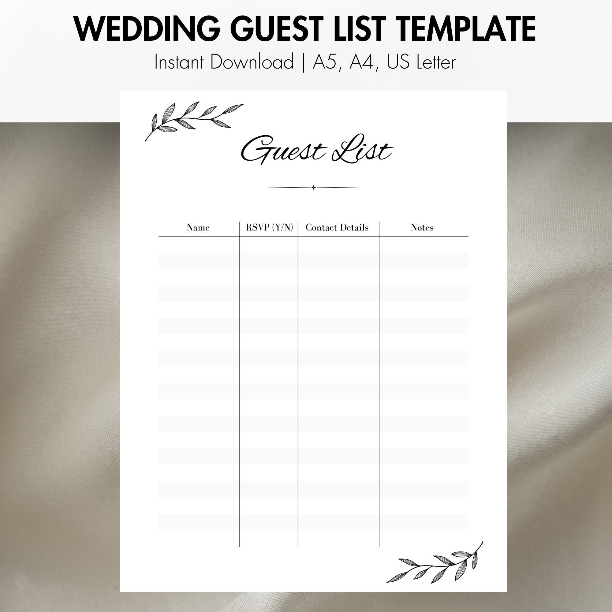 Printable Guest List Template | Wedding Guest List Template | Printable ...