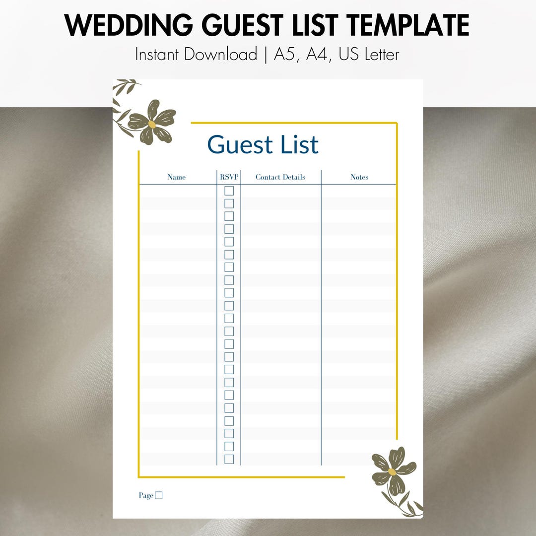Printable Guest List Template | Wedding Guest List Template | Printable ...
