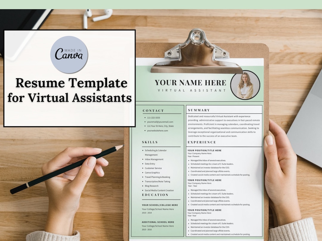 A Canva Resume Template for Virtual Assistants. Includes a VA Summary ...