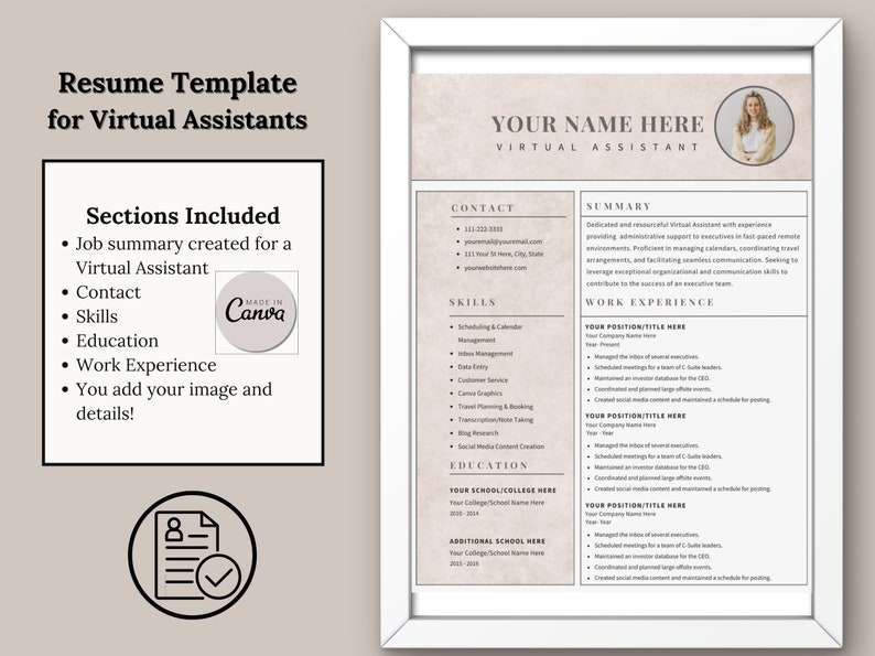 A Canva Resume Template for Virtual Assistants. Includes a VA Summary ...