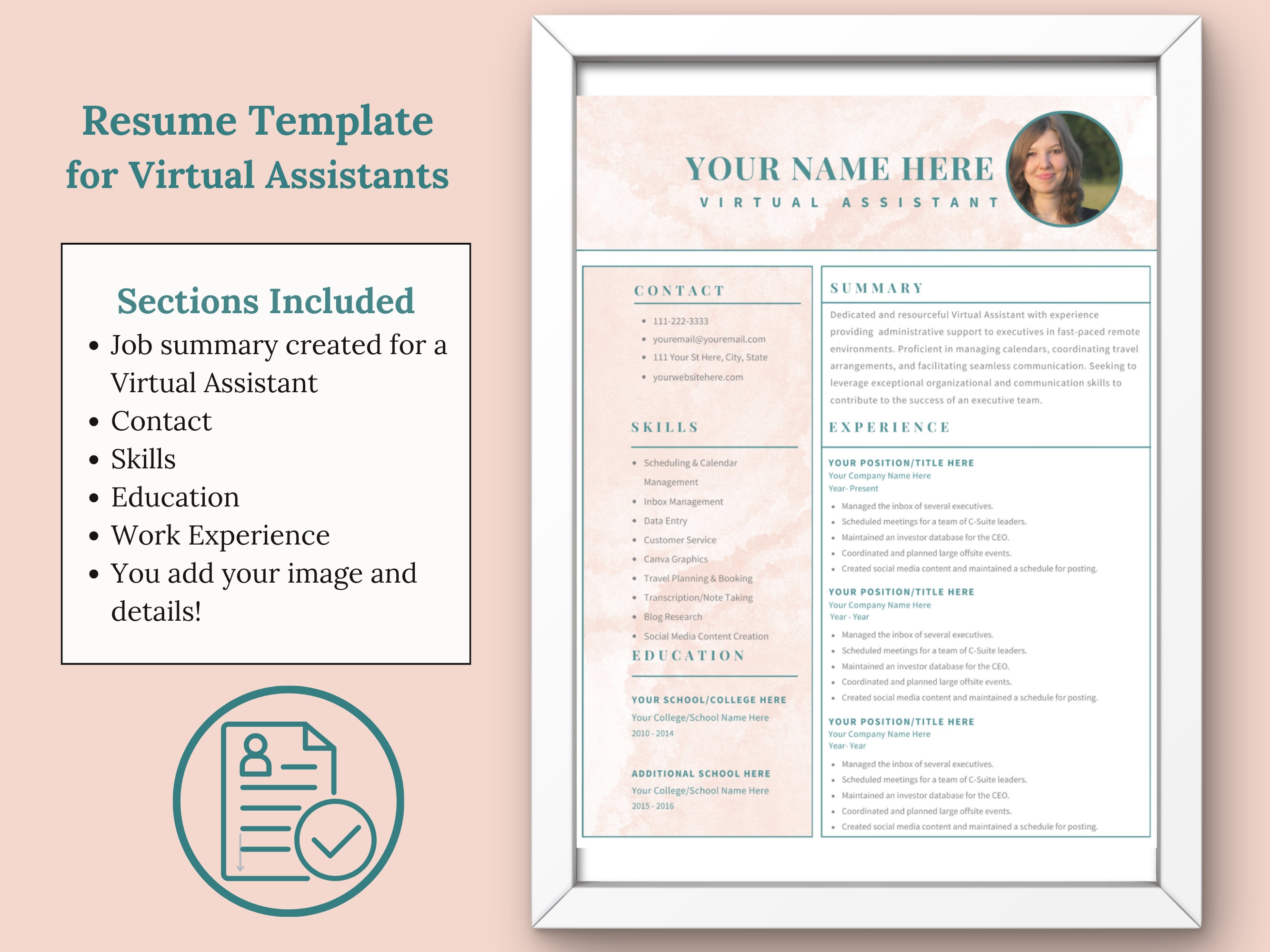 A Canva Resume Template for Virtual Assistants. Includes a VA Summary ...