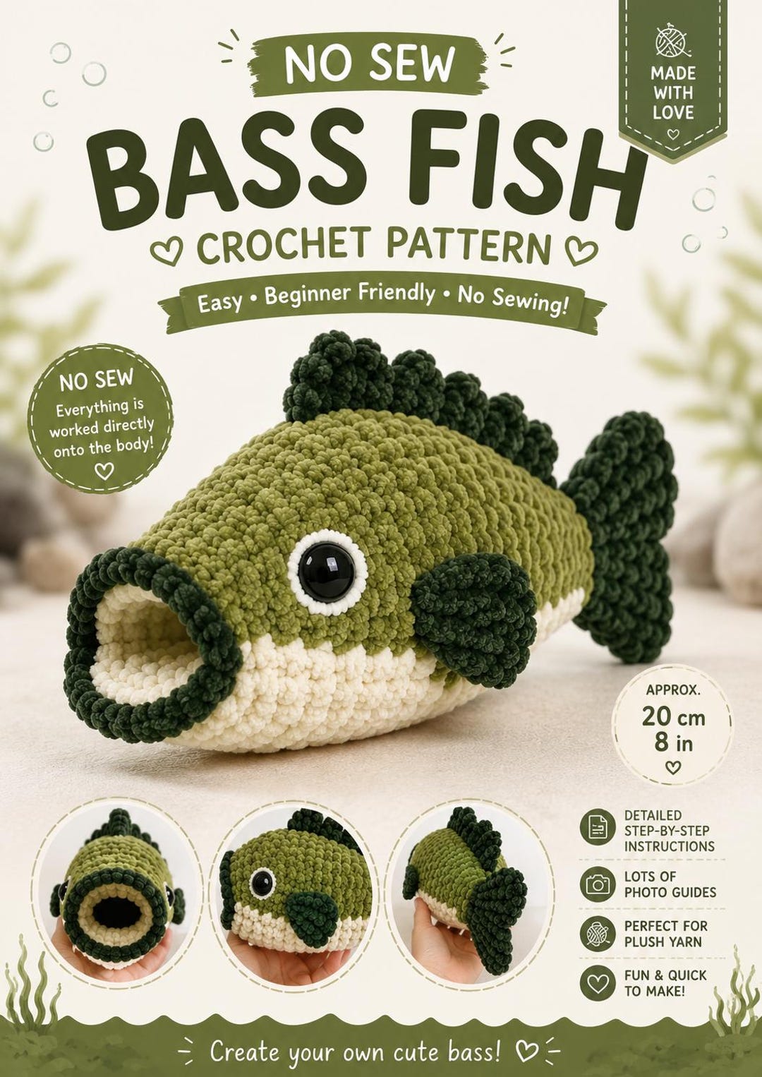 No Sew Bass Fish Crochet Pattern, Beginner Friendly Amigurumi Tutorial ...