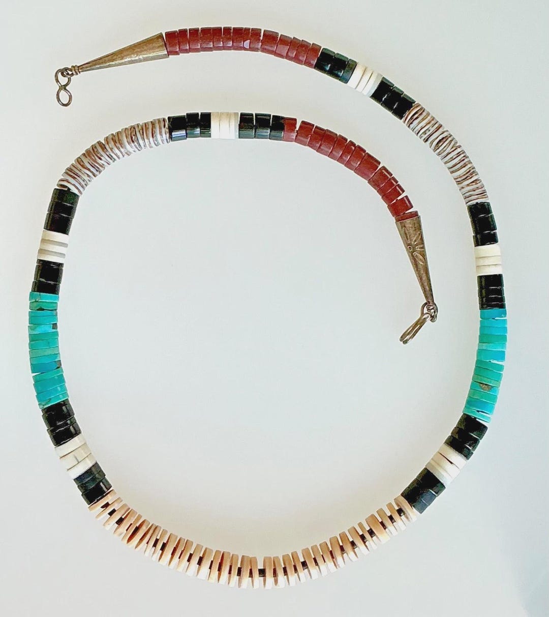 Vintage Native American Hand Rolled Turquoise Beaded Necklace Sterling ...