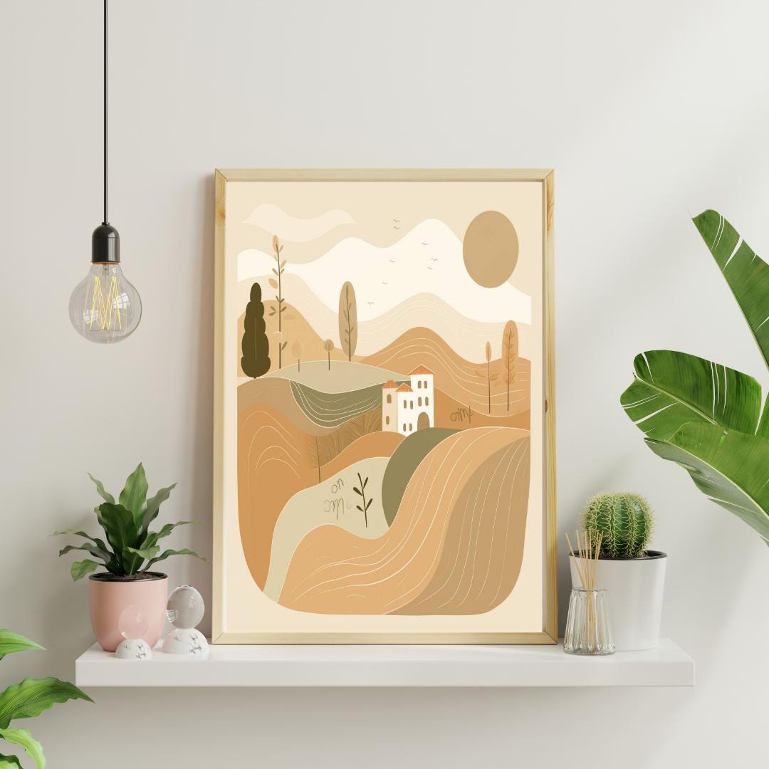 Tuscany Landscape Print: Boho Earth Tones, Minimalist Line Art (digital ...