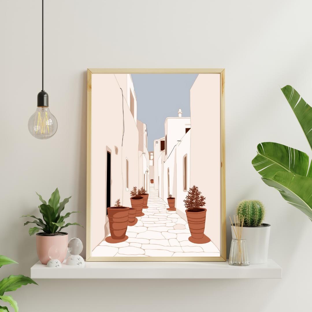 Puglia Italy Print: Minimalist Line Art, Terracotta Pots (digital ...