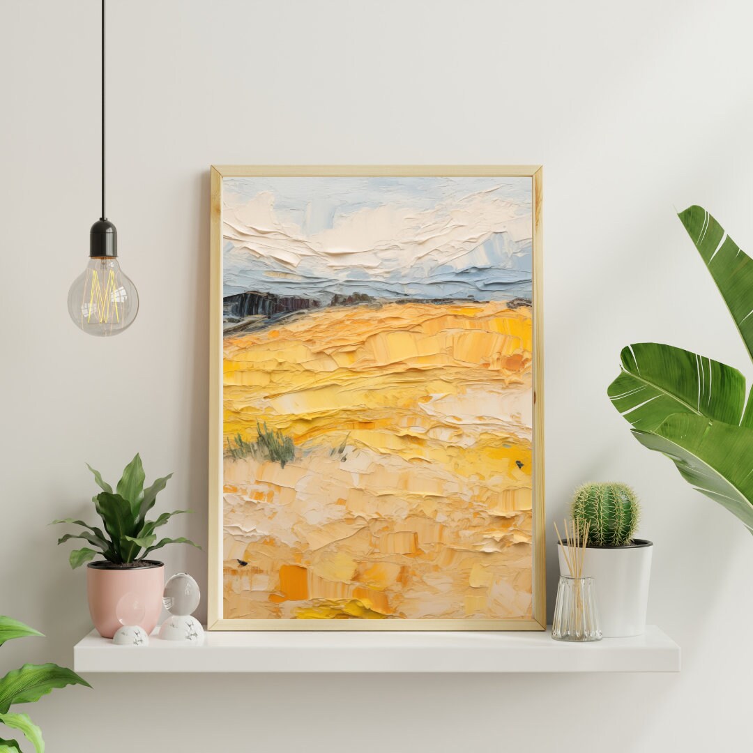 Textured Landscape Painting, Yellow Field, Sky Art Print (digital ...
