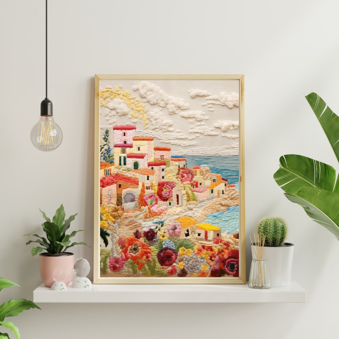 Embroidery Fincas Seascape Art Print: Mediterranean Home Decor (digital ...