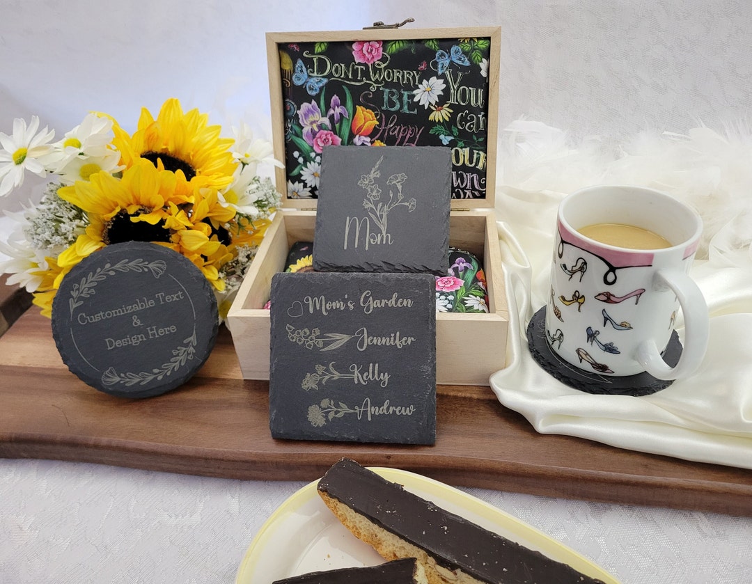 Birth Flower Slate Coasters With Personalized Wood Box - Etsy