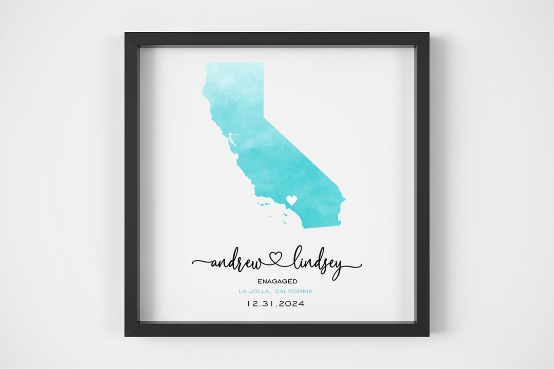 Engagement Map Print Personalized Engagement Gift Watercolor Wedding ...