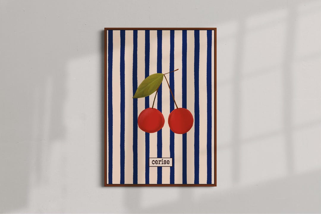 Cherry Art Print, Maximalist Vintage Style Wall Art Navy Striped Poster ...