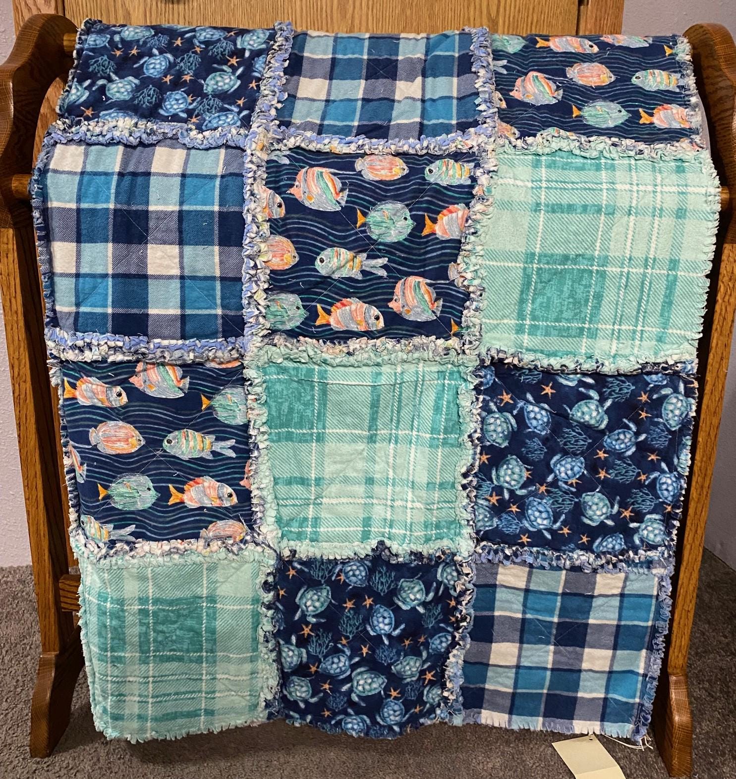 Handmade Rag Lap Quilt-fish / Turtles / Teal / Blue Quilt - Etsy