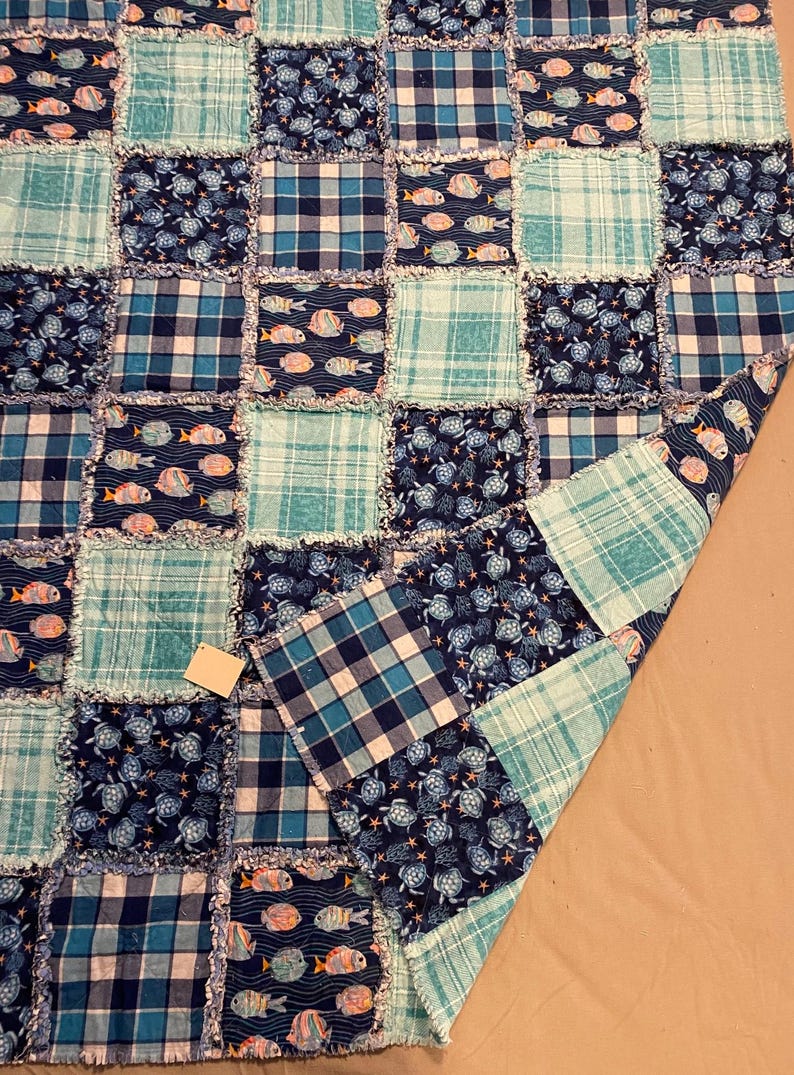 Handmade Rag Lap Quilt-fish / Turtles / Teal / Blue Quilt - Etsy