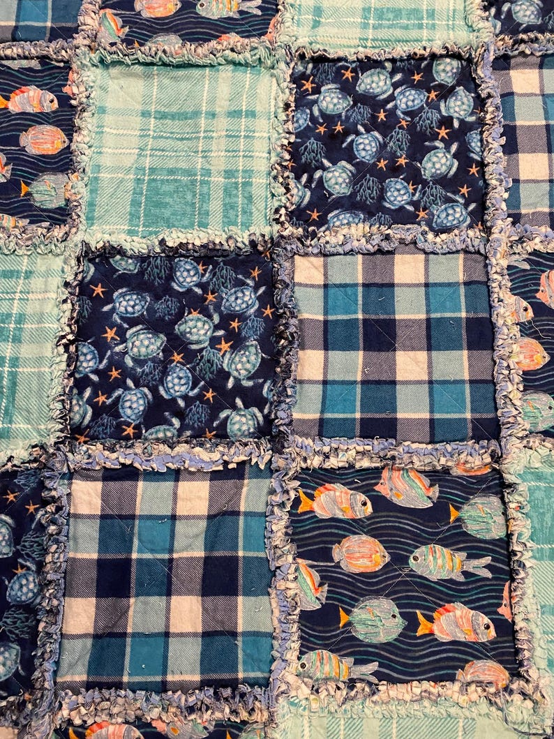 Handmade Rag Lap Quilt-fish / Turtles / Teal / Blue Quilt - Etsy