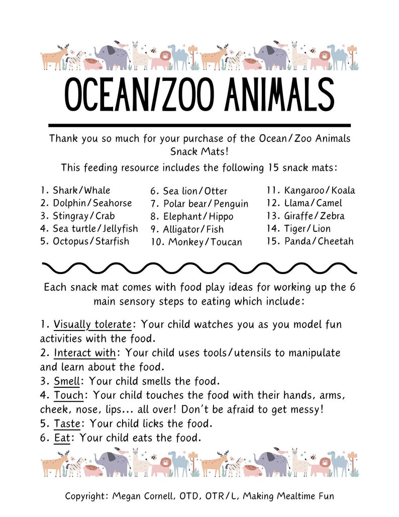 Ocean/zoo Animals Snack Mats, Printable Placemats for Picky Eaters ...