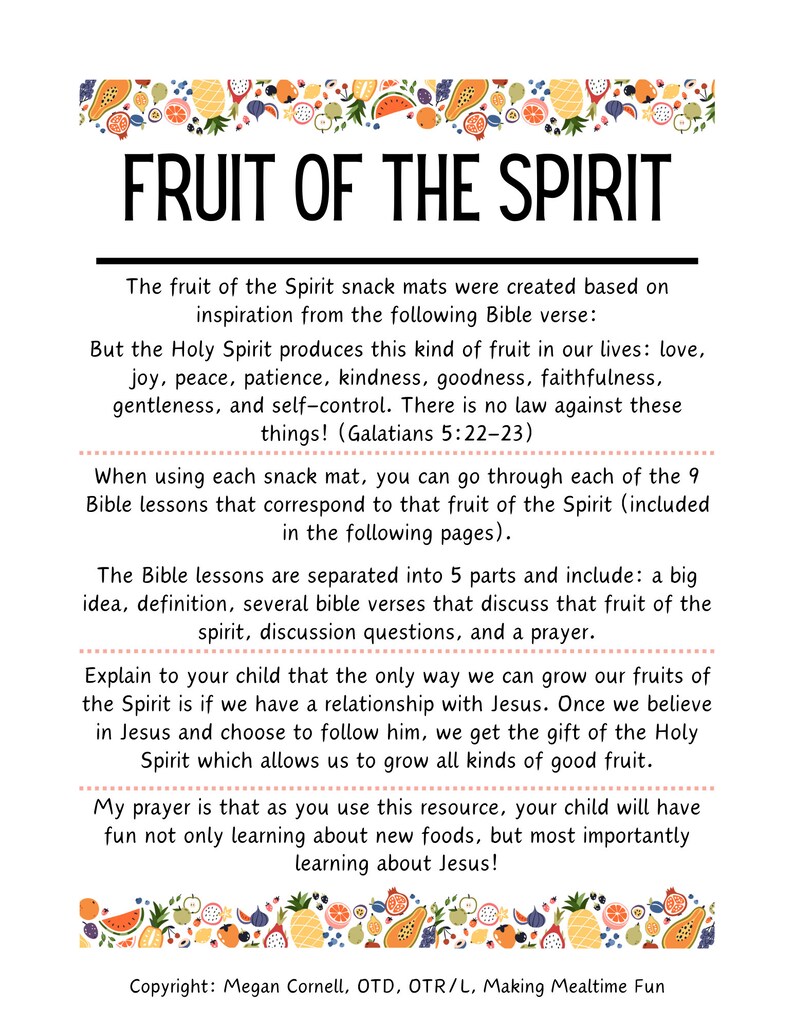 Fruit of the Spirit Snack Mats: Christian Mealtime Placemats (digital ...