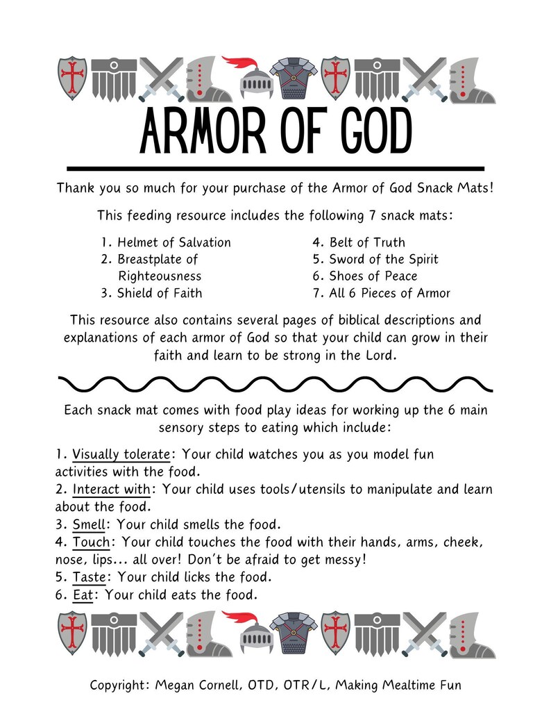 Armor of God Snack Mats, Printable Placemats for Picky Eaters, Making ...