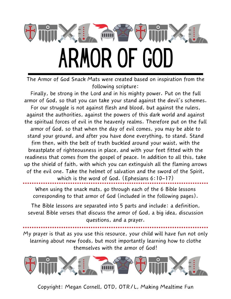 Armor of God Snack Mats, Printable Placemats for Picky Eaters, Making ...