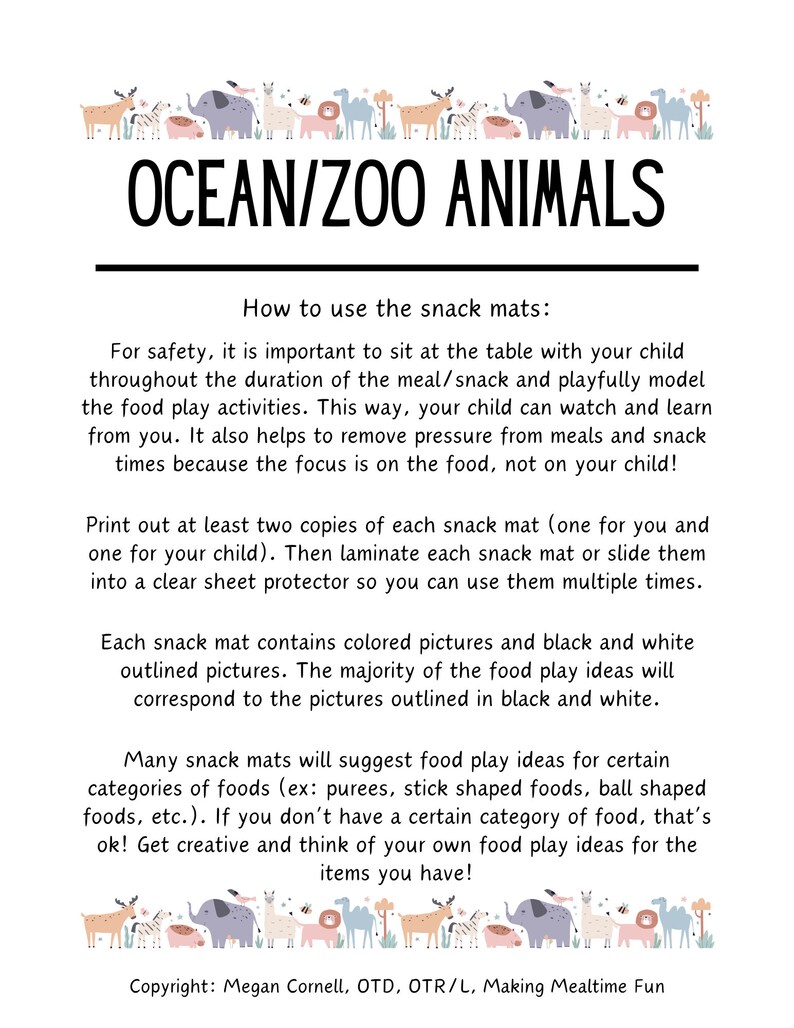 Ocean/zoo Animals Snack Mats, Printable Placemats for Picky Eaters ...